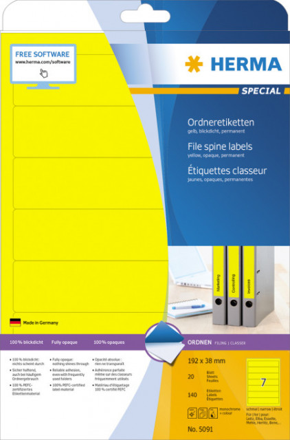 Herma etikete 192x38, za uski registrator A4/7 1/20 žuta ( 02H5091 )
