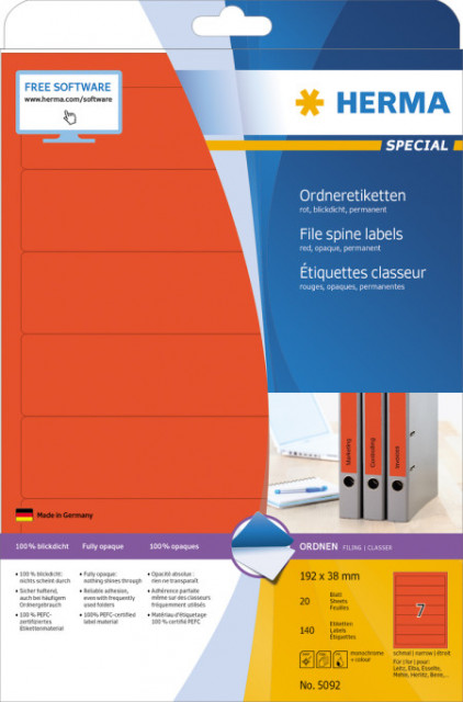 Herma etikete 192x38, za uski registrator A4/7 1/20 crve ( 02H5092 )