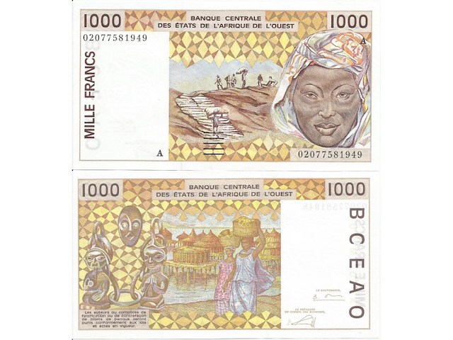 Obala Slonovace Ivory Coast 1000 francs 2002. UNC