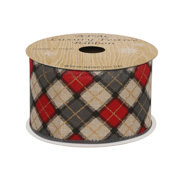 RI3125
Wired Edge Ribbon Red And Grey Argyle