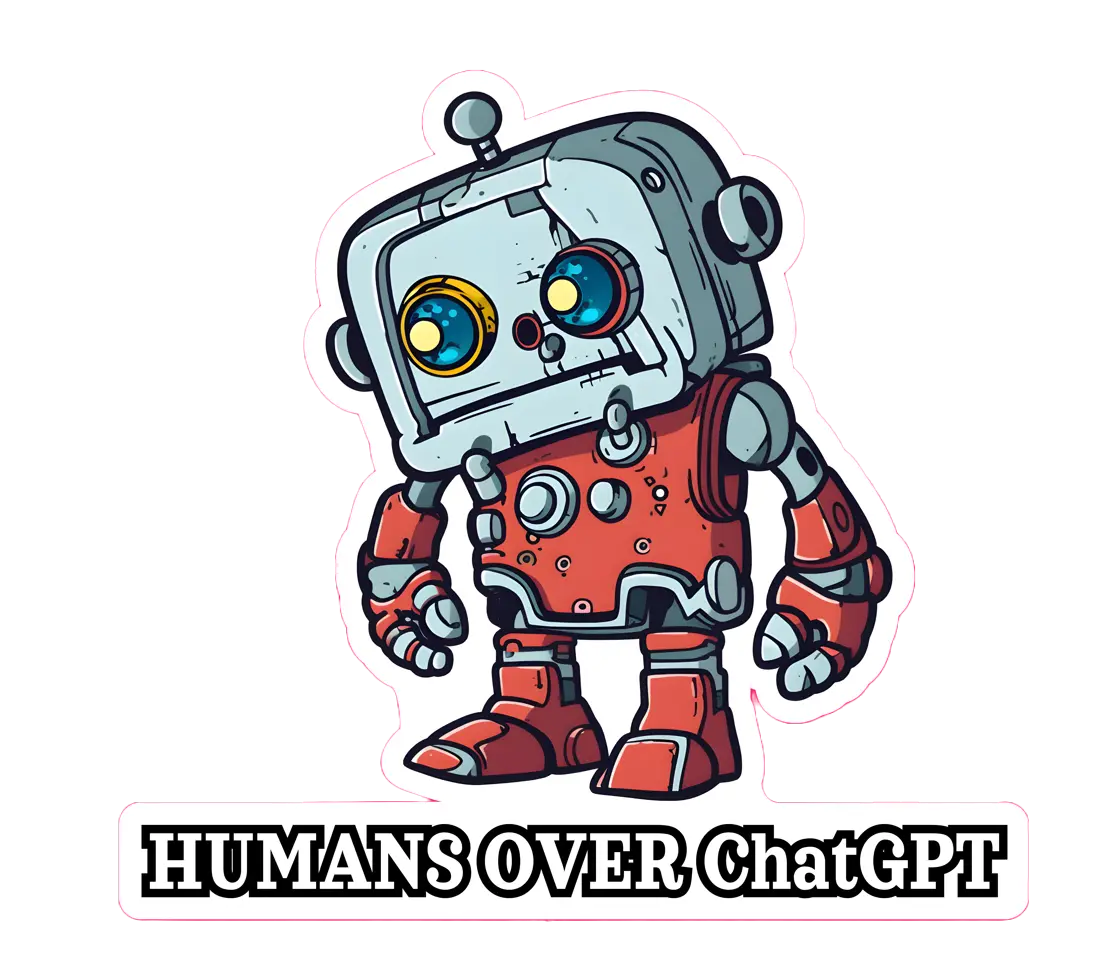 AI_MERGEART Nalepnica sa tužnim robotom "Humans over ChatGPT"