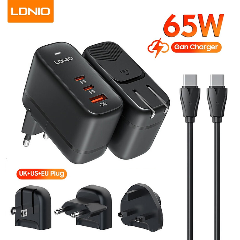 Kucni punjac sa adapterima LDNIO Q366 GaN QC3.0, 2xPD3.0 PPS 65W sa Type C na Type C kablom crni