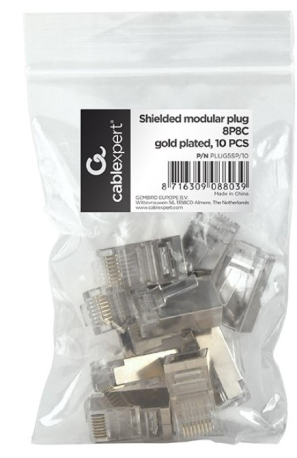 PLUG5SP/10 Gembird shielded modular 30u gold plated LAN konektor RJ45 za FTP SFTP cat5 (pak.10kom)