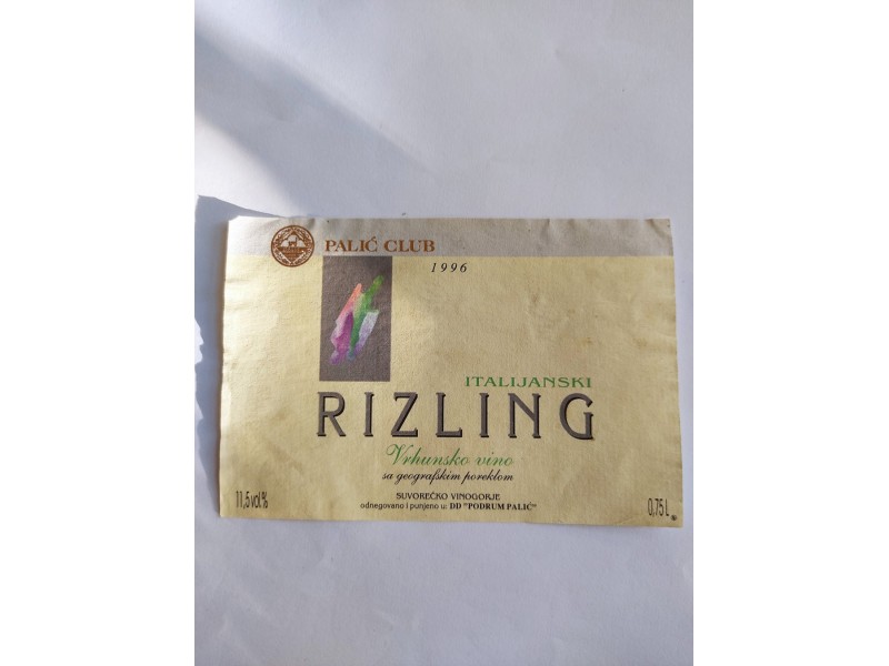 ETIKETA ITALIJANSKI RIZLING PALIĆ CLUB 1996.