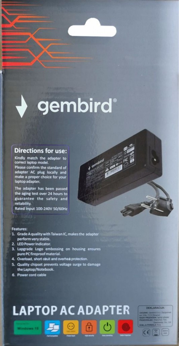 NPA65-190-3420 (AC07) ** Gembird punjac za laptop 65W-19V-3.42A, 5.5x1.7mm yellow (860 Alt=AC09)