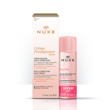 Nuxe Prodigieuse Boost multikorektivna svilenkasta krema 40 ml + Very Rose micelarna voda 3u1 40 ml GRATIS