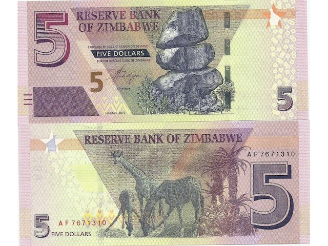 Zimbabwe 5 dollars 2019. UNC
