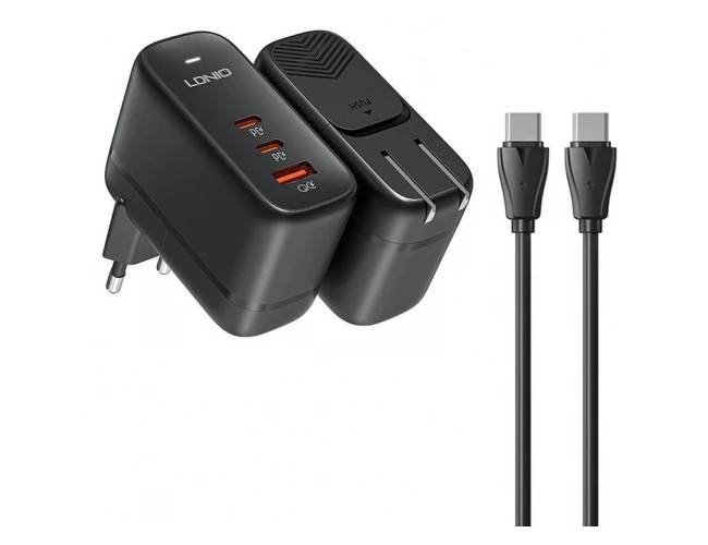 LDNIO QC366 GaN crni kućni punjač za mobilne telefone 65W QC3.0 2xPD3.0+kabl USB C na USB C