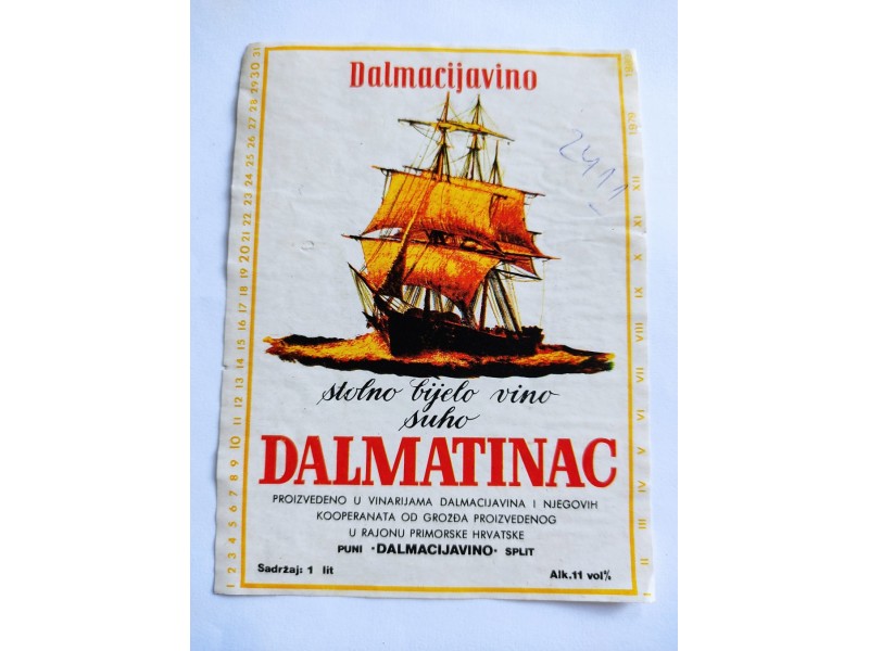 ETIKETA DALMATINAC DALMACUJAVINO 1979.