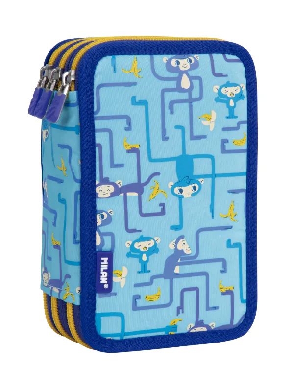 081364TNG Filled triple decker pencil case Tangled Monkeys, blue