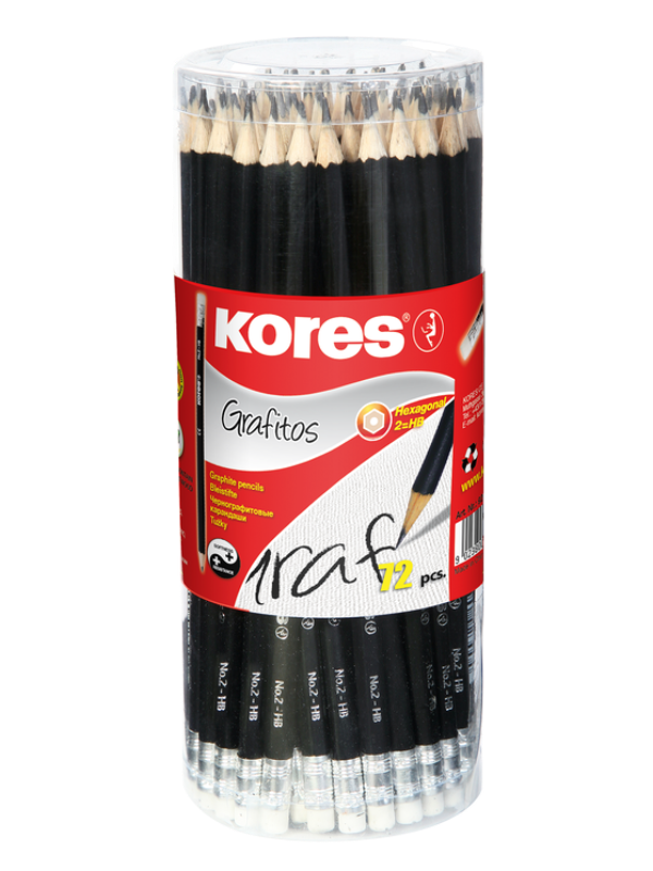 Grafitna trouglasta olovka GRAFITOS mat crna No.2 = HB, zarezana sa belom gumicom za brisanje, 72/1 u tubi 12 olovaka u kutiji