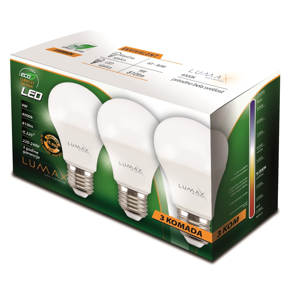 LUMAX LUME27-9W 4000K LED Sijalice od 3 komada u pakovanju