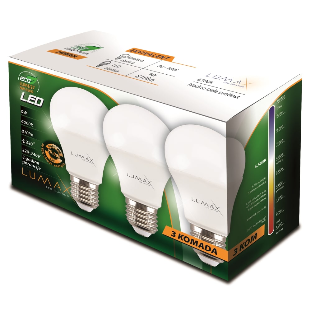 LUMAX LUME27-9W 6500K LED Sijalice od 3 komada u pakovanju