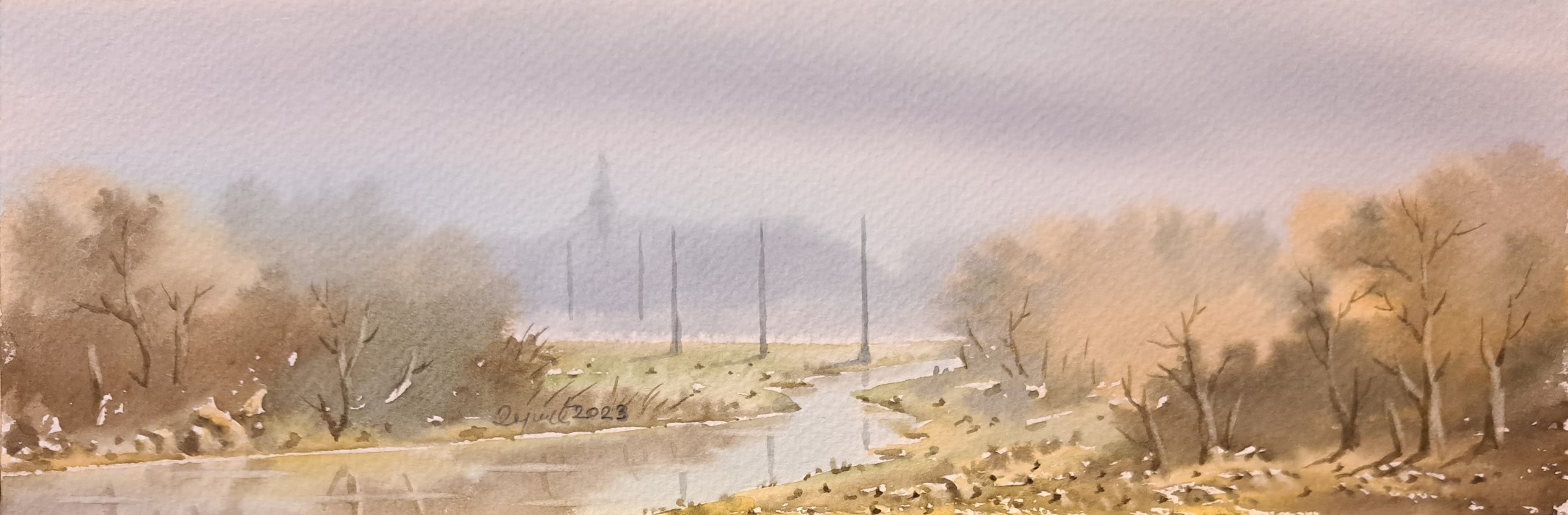 Pokraj reke 4, Predrag Dojkić, 10×30 cm, akvarel na papiru, sertifikat, 30 eura