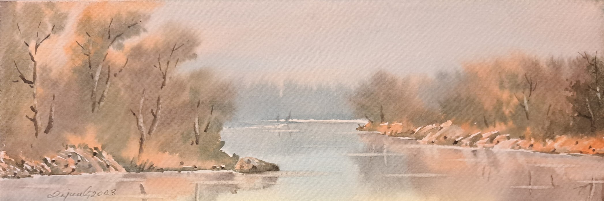 Pokraj reke 3, Predrag Dojkić, 10×30 cm, akvarel na papiru, sertifikat, 3540 dinara