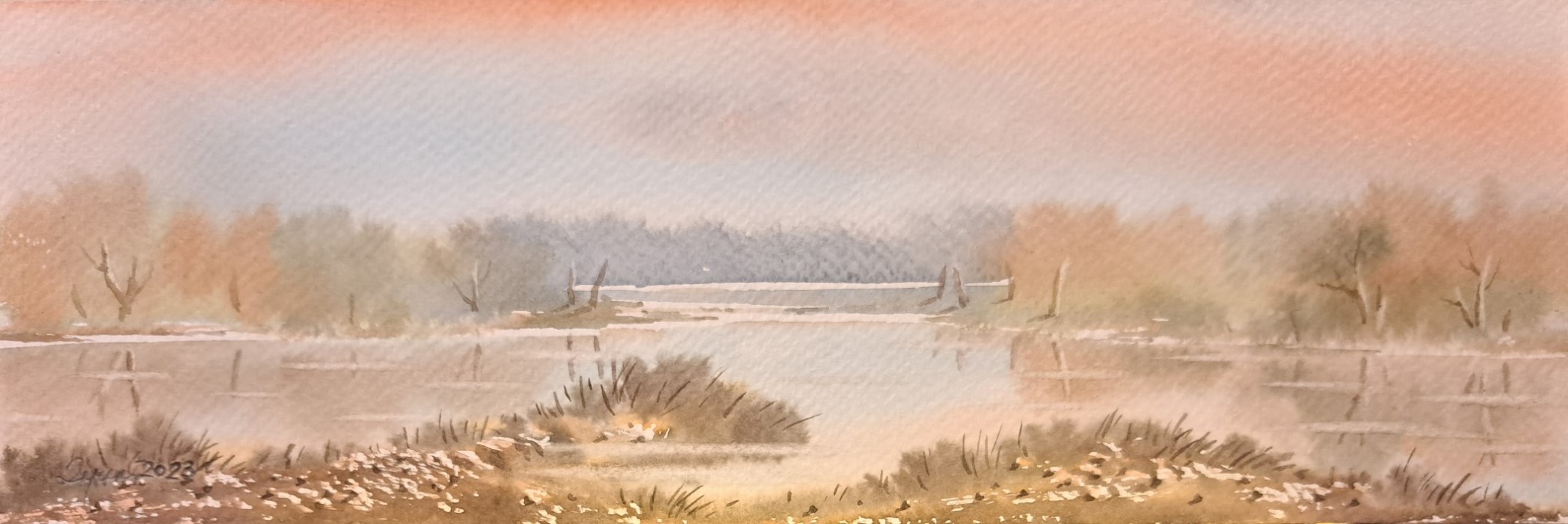 Pokraj reke 1, Predrag Dojkić, 10×30 cm, akvarel na papiru, sertifikat, 3540 dinara
