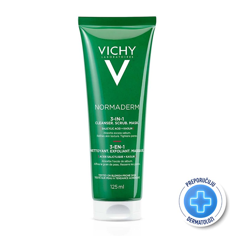 VICHY NORMADERM 3 u 1 nega za kožu sklonu aknama – krema za čišćenje lica, piling, maska, 125 ml