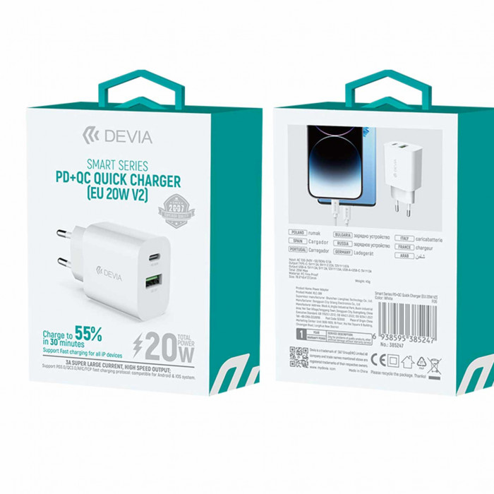 Adapter Devia Smart Series PD+QC Quick Charger 20W Bela