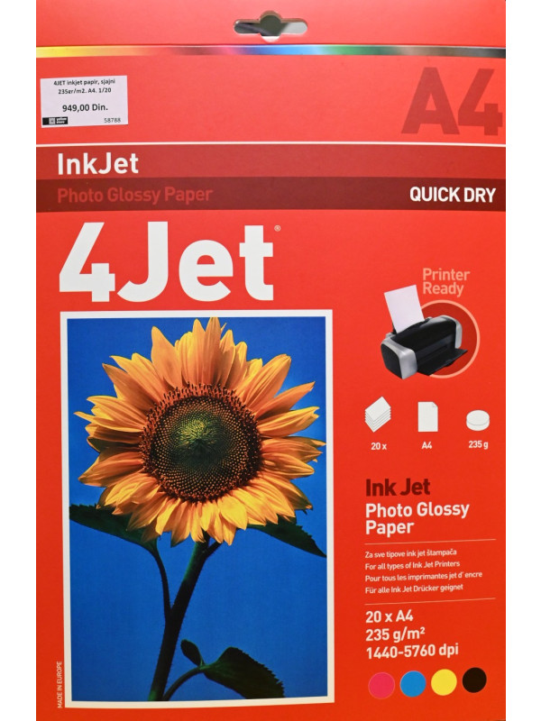 4JET inkjet papir, sjajni 235gr/m2, A4, 1/20