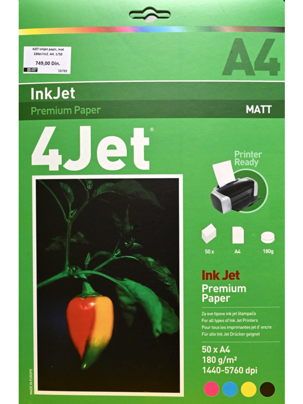 4JET inkjet papir, mat 180gr/m2, A4, 1/50