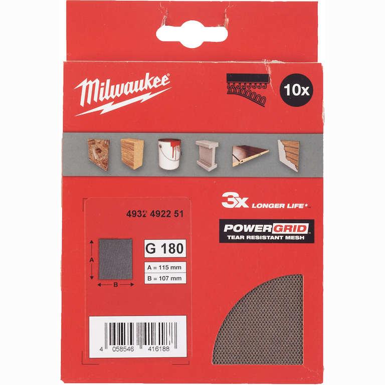 Milwaukee Pravougaone brusne mreže za vibracionu brusilicu, 115 x 107 mm, G 180, 10 kom, 4932492251