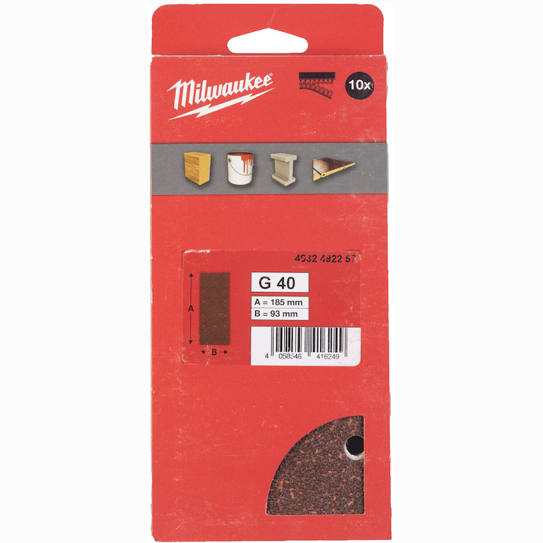 Milwaukee Pravougaoni brusni papiri za vibracionu brusilicu, 93 x 185 mm, G 40, 10 kom, 4932492257