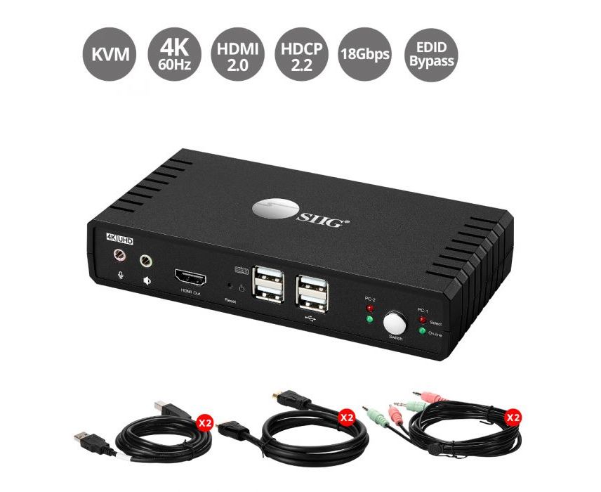 Siig 2-Port HDMI 2.0 Video Console KVM Switch with USB 2.0