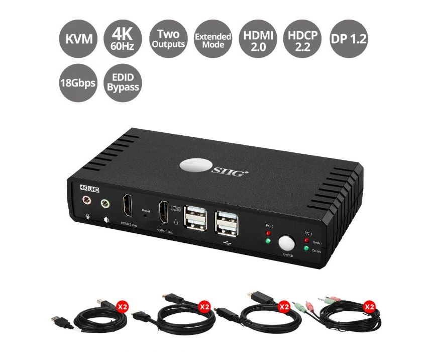 Siig 2-Port HDMI 2.0 Dual-Head Console KVM Switch with USB 2.0