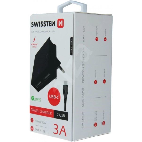 SWISSTEN Punjač 2x USB 3A+ kabl Type C 1,2m, crna