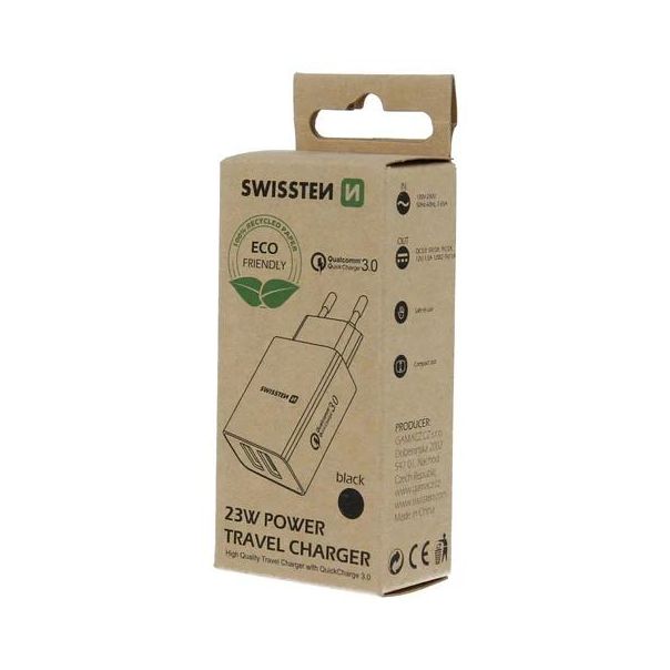 SWISSTEN Punjač Eco Pack 2x USB 23W, crna