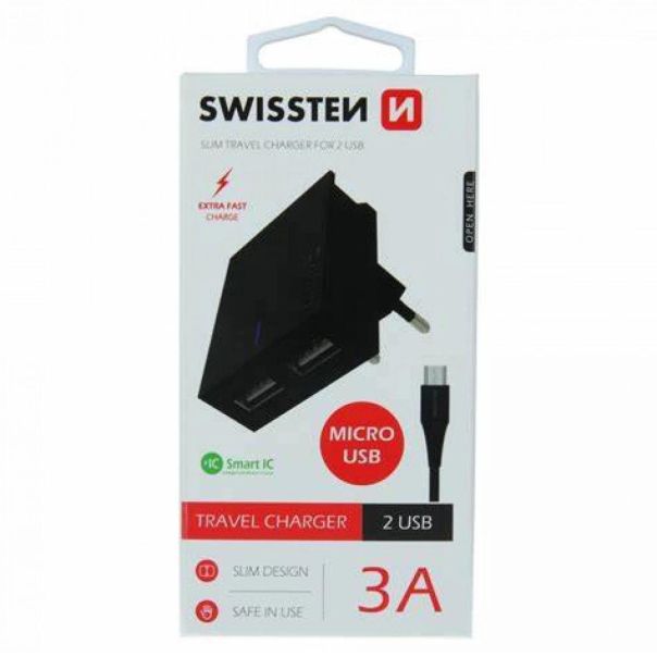 SWISSTEN Punjač 2x USB 3A+ kabl micro USB 1,2m, crna