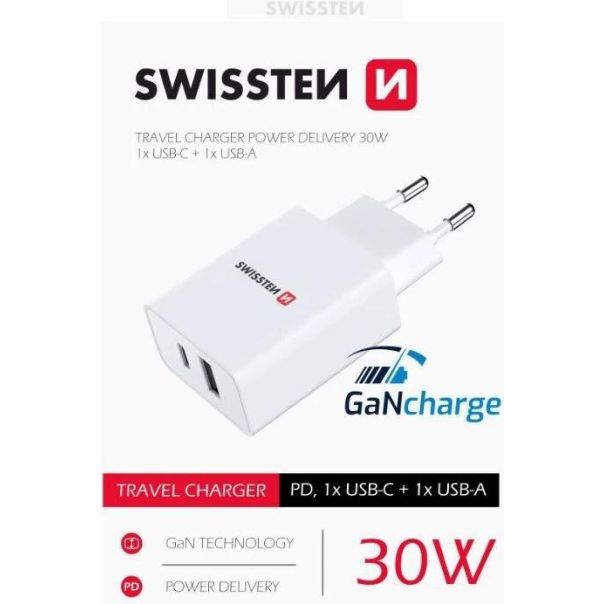 SWISSTEN Punjač 1xUSB+ 1X USB C GaN charge 30W, bela