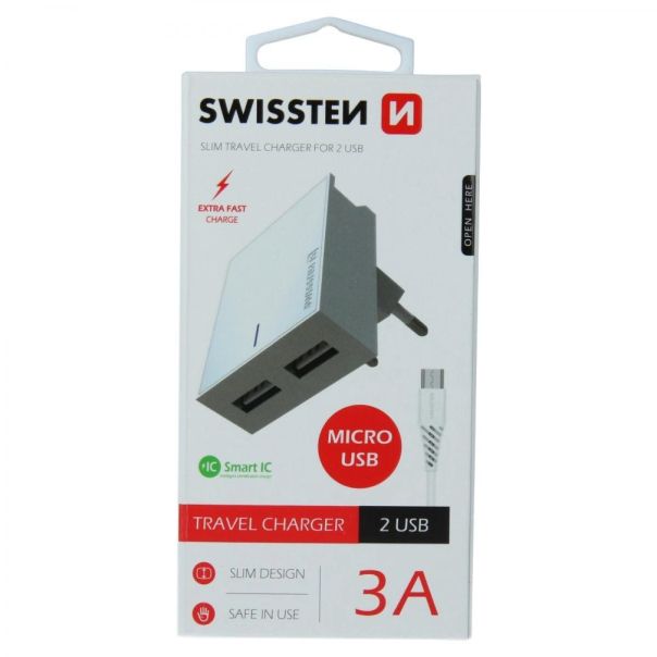 SWISSTEN Punjač 2x USB 3A+ kabl micro USB 1,2m, bela