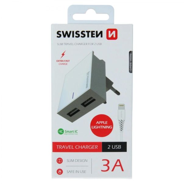 SWISSTEN Punjač 2x USB 3A + kabl Lightning 1,2m, bela