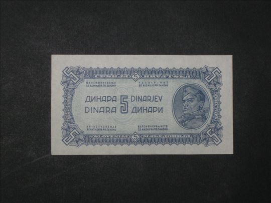 5 Dinara 1944 , UNC , vertikalna nit u papiru