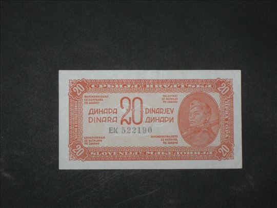 20 Dinara 1944 , XF-VF , vertikalna nit u papiru