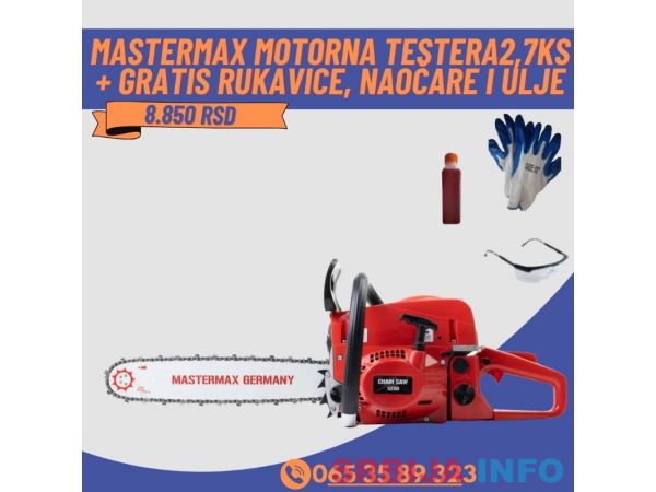 MASTERMAX Motorna testera 2,7KS + Gratis Rukavice, Naočare i Ulje