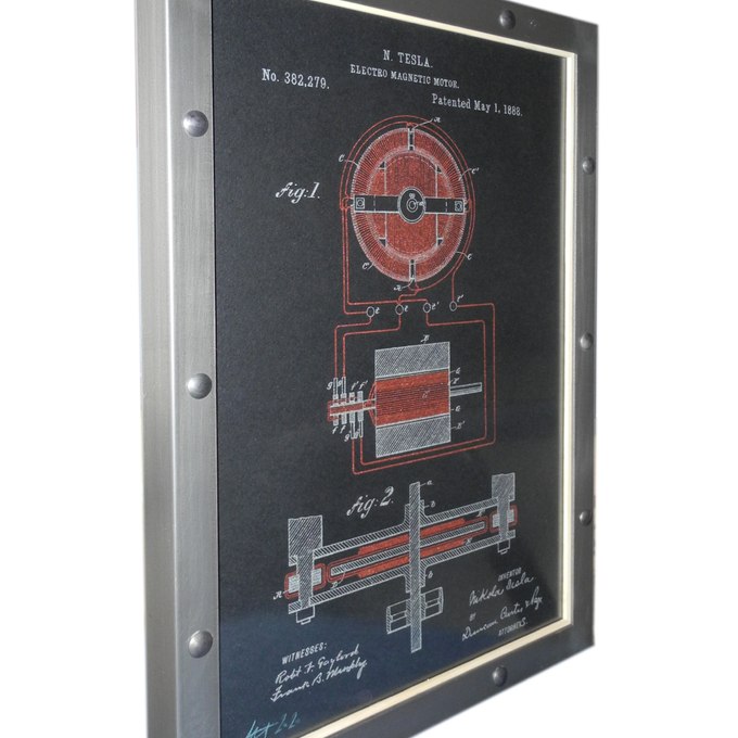 TESLA PATENTS, ELECTROMAGNETIC MOTOR, framed. Screen printing