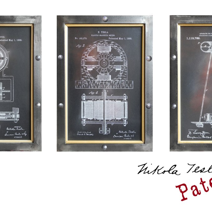 TESLA PATENTS- Steel/Wood, Screen printing, Patent aps SRB + ENG