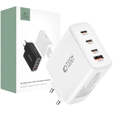 TECH-PROTECT NC100W-GAN MREŽNI PUNJAČ SA 4 PORTA 100W - 3XUSB-C, USB-A - BELI