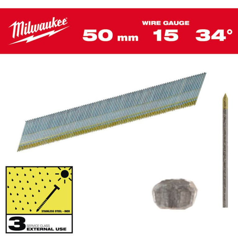 Milwaukee Inox 15G ekseri sa “D” glavom, 1.8 x 50 mm 34°, 2500 kom, 4932492580