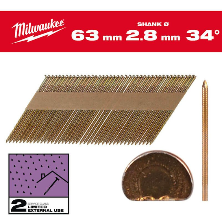 Milwaukee Pocinkovani ekseri tip “D” 2,8 x 63 mm 34°, RS G/SC-2, 2200 kom, 4932492607