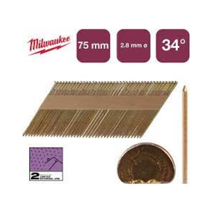 Milwaukee Pocinkovani ekseri tip “D” 2,8 x 75 mm 34°, RS G/SC-2, 2200 kom, 4932492608