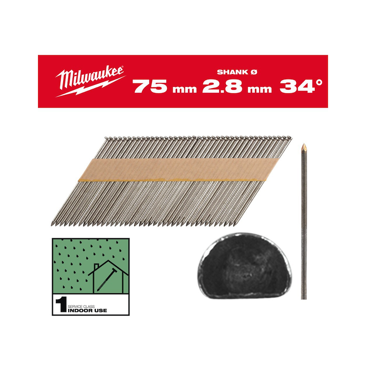 Milwaukee Prstenasti ekseri sa zakošenom glavom tip “D” 2,8 x 75 mm 34°, 2200 kom, 4932492597