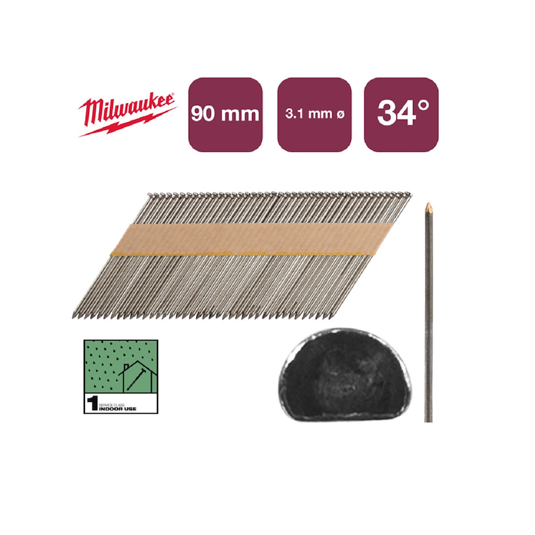 Milwaukee Prstenasti ekseri sa zakošenom glavom tip “D” 3,1 x 90 mm 34°, 2200 kom, 4932492598