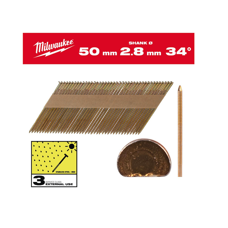 Milwaukee Toplo pocinkovani ekseri tip “D” 2,8 x 50 mm 34°, RS HDG/SC-3, 2200 kom, 4932492613