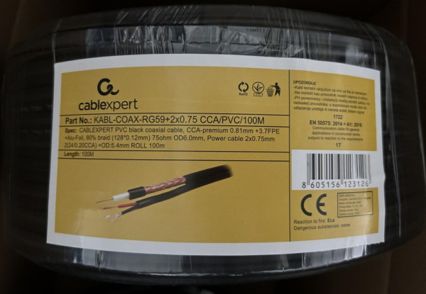 KABL-COAX-RG59+2X0.75 CCA/PVC/100M Koaksialni kabl sa napojnim kablom 2x0,75mm black 100m
