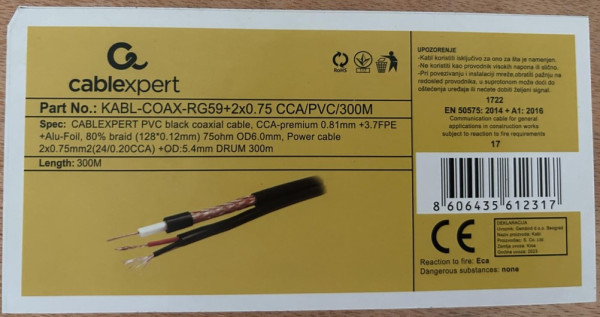 KABL-COAX-RG59+2X0.75 CCA/PVC/300M Koaksialni kabl sa napojnim kablom 2x0,75mm black 300m