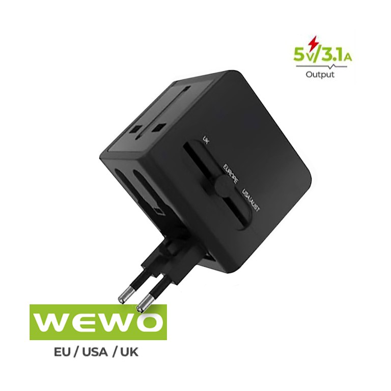 WEWO Univerzalni Travel Adapter EU/USA/UK PD+USB 5V/3.1A (crni)