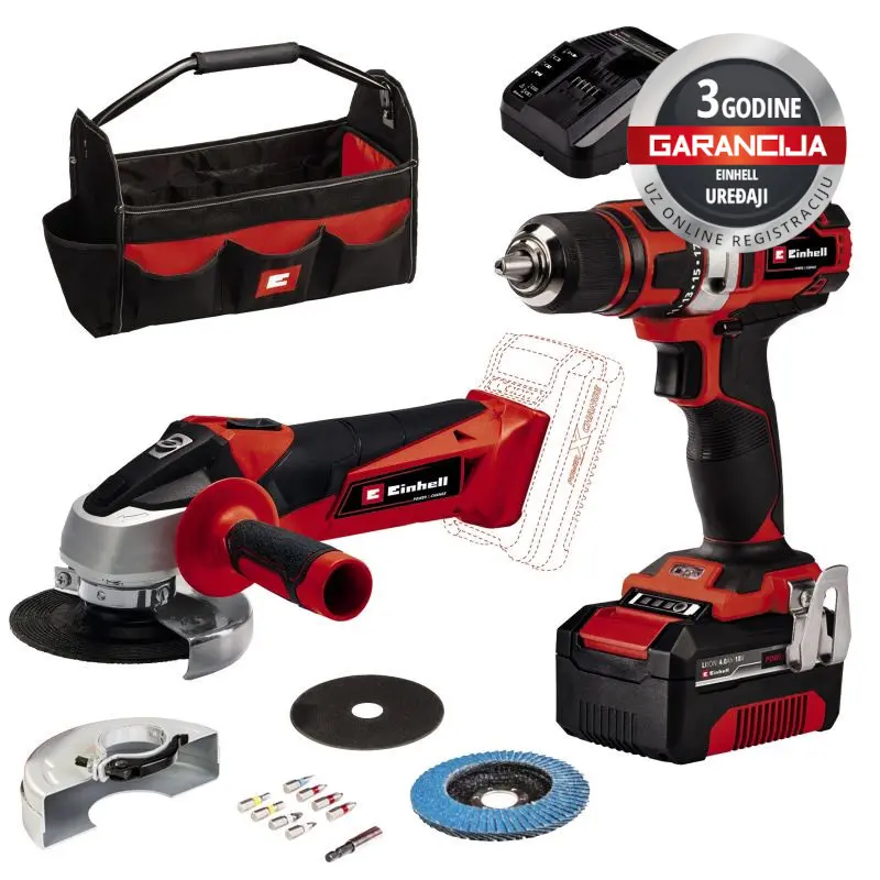 Einhell TE-TK 18/2 Li Kit Set akumulatorska bušilica i brusilica sa baterijom i dodacima, CD+AG, 1x 4.0 Ah, Crveni